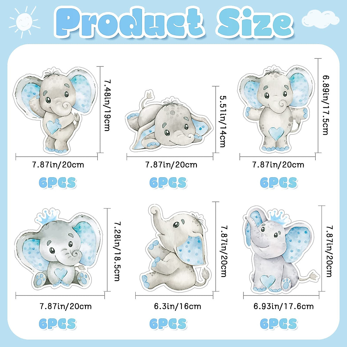 Tatuo Elephant Cutouts 36 Pcs Elephant Theme Baby Shower Decorations Cute Blue Elephant Cutouts for Baby Shower, Birthday Party, Gender Reveal Party Supplies