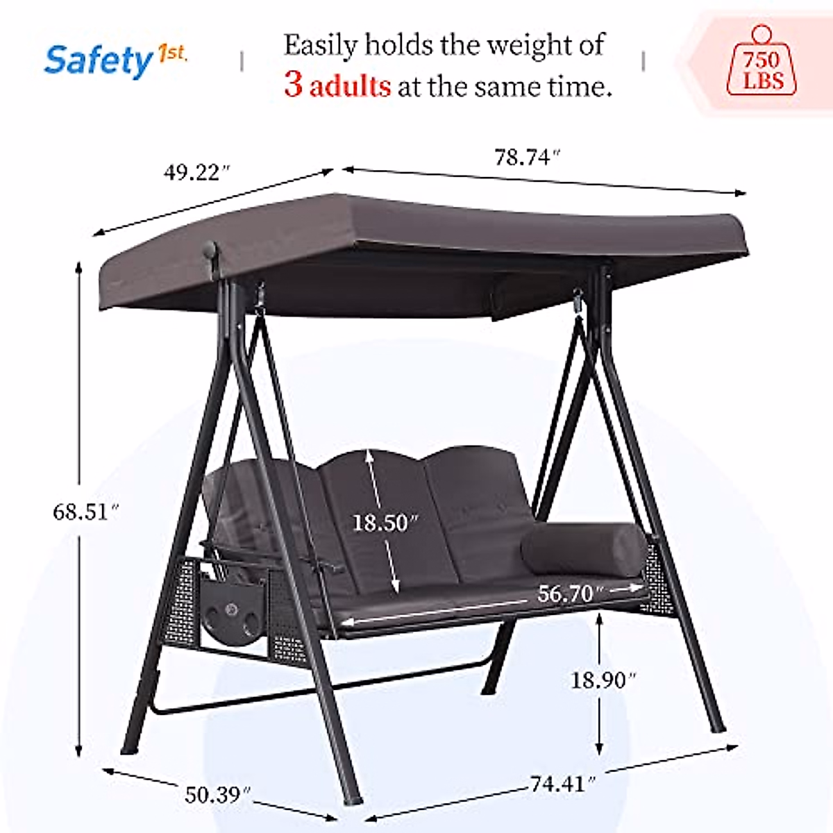 PURPLE LEAF Outdoor Patio Porch Swing with Stand, 3-seat Swing Chair with Adjustable Tilt Canopy All-Weather Steel Frame for Backyard Front Porch Lawn, Cushions and Pillow Included, Grey