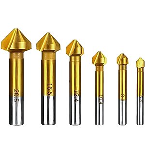 KEWAYO 3 Flute 90 Degree HSS Chamfering Tool Bit Countersink Drill Bit Set for Metal Wood Plastic Woodworking Metal Working Tool Bit Set, Pack of 6pcs