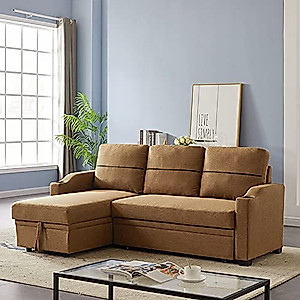 GUONTHO 82" Sectional Sofas with Pull Out Sofa Bed Couch for Living Room Apartment Reversible L Shape Chaise with Soft Cushion and Storage for Small Space Solid Wood & Brown Linen