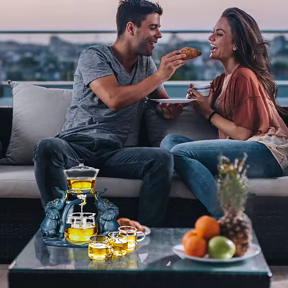 GODNOEI Elephant Glass Tea Set Lazy Kungfu Magnetic Water Diversion Creative Glass Teapot Semi Automatic Tea Maker Suit Kitchen Bar Supplies (6 tea cups)