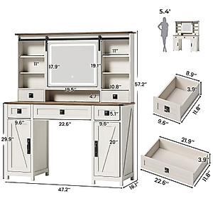 Farmhouse Makeup Vanity Desk with Sliding Mirror and Lights, 47.2" Big Vanity Table with Charging Station, Makeup Desk with 5 Drawers & 2 Cabinets, White