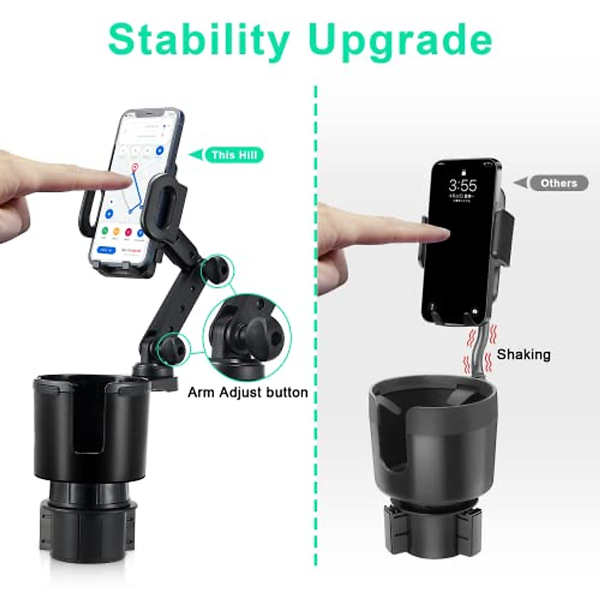 Car Cup Holder Expander Adjustable Base with Phone Mount THIS HILL 360° Rotation Cup Holder Cell Phone Holder for Car Compatible with iPhone/Samsung All Smartphones