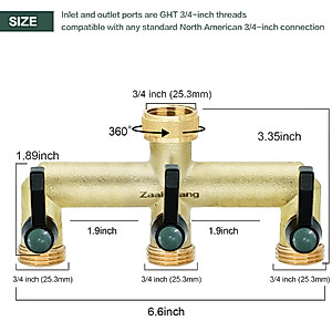 ZaakWang Brass Garden Hose Splitter, 3/4" 3 Way Tap Splitter,Hose Tap Splitter Connection with 3 Individual On/Off Valve and Extended Handle, Hose Pipe Tap Splitter for Garden Outdoor Home