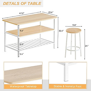 AWQM Island Table with Seating and Storage, Beige, 3 Shelves, Wooden Counter Height Table Top, 2-piece Bar Table Set for Small Space