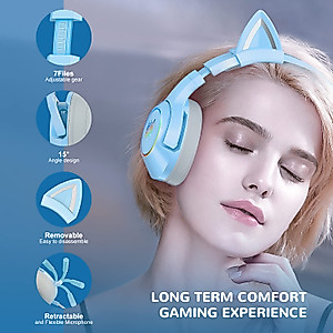 SIMGAL Blue Gaming Headset with Removable Cat Ears, Compatible with PC PS4 PS5 Xbox One(Adapter Not Included) Mobile Phones, with Surround Sound, RGB Backlight & Retractable Microphone