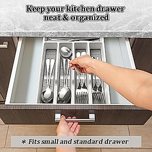 CherHome Silverware Organizer with Cutlery Icons，Silverware Tray for Kitchen Drawer，Plastic Flatware Tableware Silverware Drawer Organizer Utensil Organizer with Non-slip TPR Linings，5-Compartment（Grey）