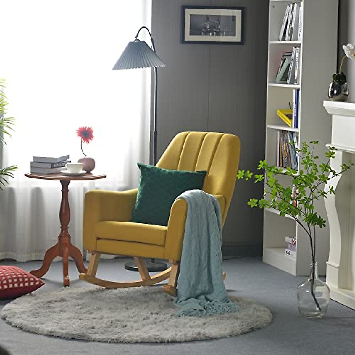 LETESA Nursery Rocking Chair Linen Fabric Upholstered Glider Rocker, Rocking Accent Chair Padded Seat with High Backrest, Armchair Comfy Side Chair for Living Room Bedroom Offices (Yellow)