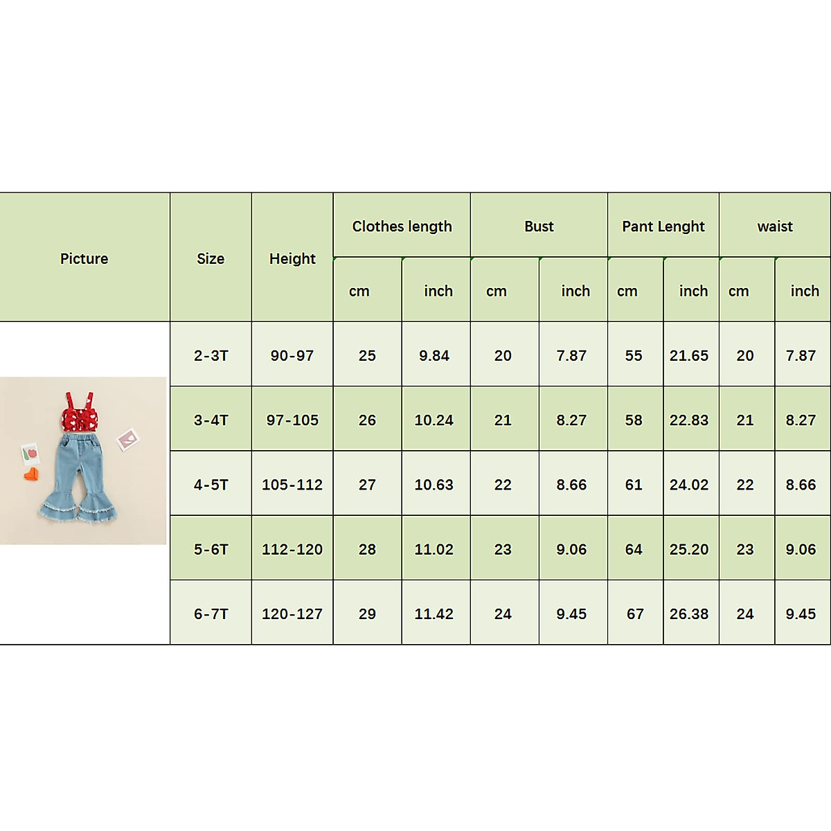 Eadrioss 2PCS Kids Toddler Baby Girls Valentine’s Day Outfits Sleeveless Strap Vest Crop Top Flare Jeans Bell Bottom Pants 18M-6T