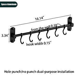 Kitchen Rail with 6 Sliding Hooks, Wall Mount Kitchen Utensil Rack, Pan and Pot Hangers Organization and Storage Holder Set, Aluminum (Black)