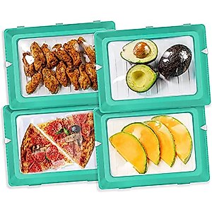 Skinny Stacks 2022 Version 4 Pack - Stacking Food Storage Trays, Stretch Cover, Save Space and Keep Food Fresh, Reusable, Dishwasher & Freezer Safe, Durable, Meal-Prep, Food Storage Containers