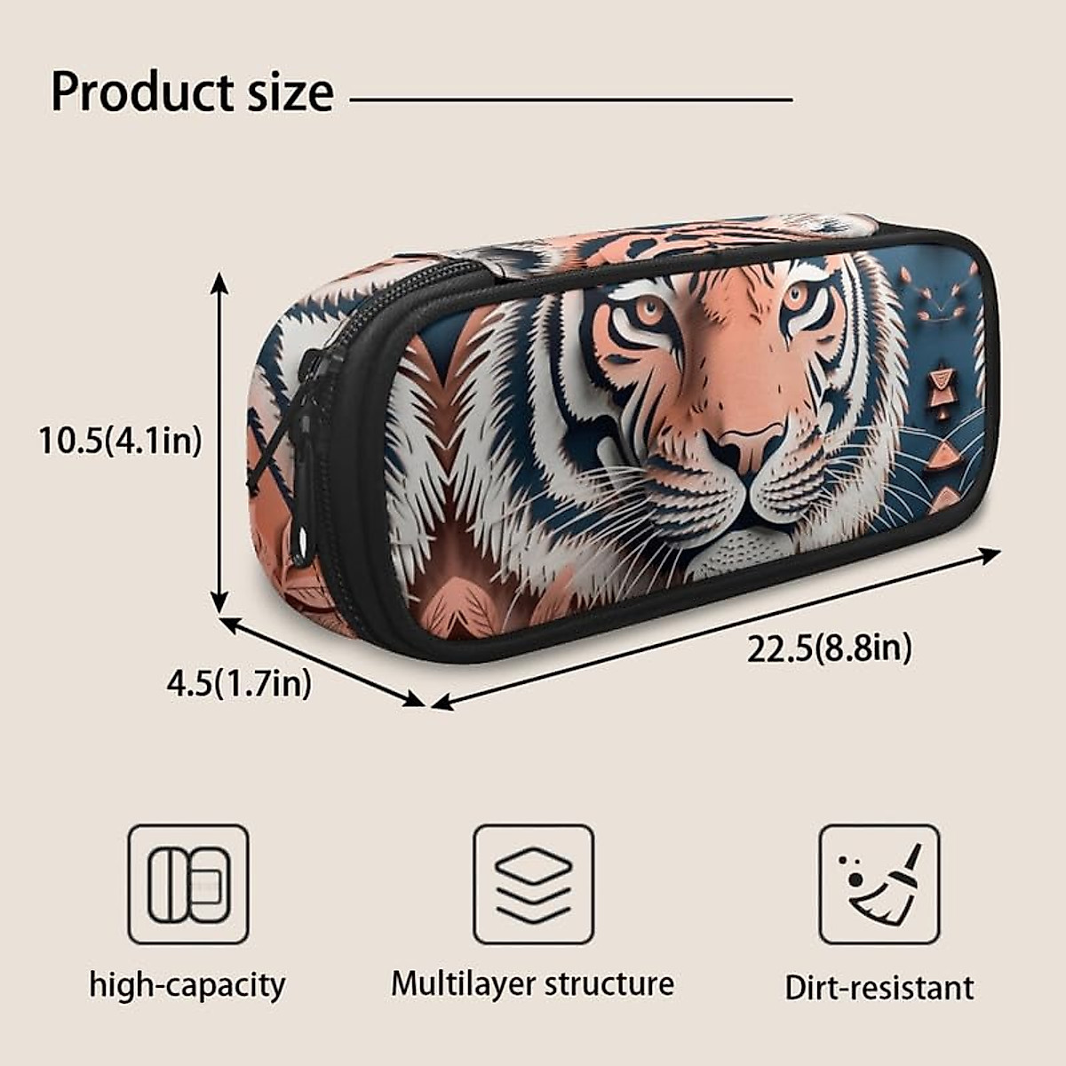 Rivatimrio Paper Sculpture Tiger Pen Bag Large Pencil Case Big Capacity Paper Carving Origami Style Pencil Pouch Pencil Holder with Zippers Compartments Kids Adults