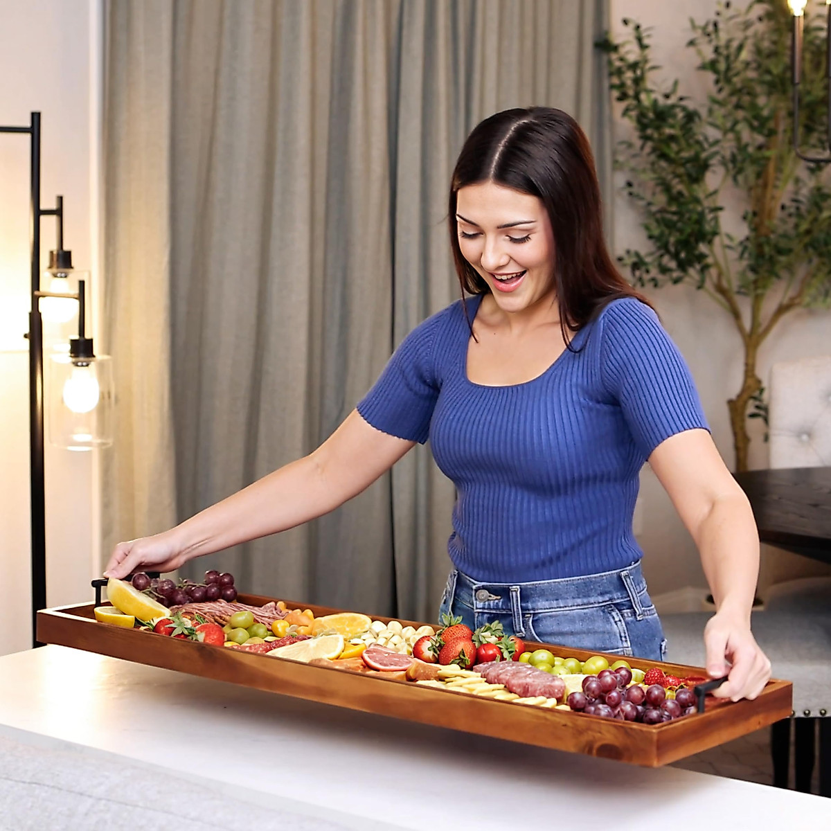 Tidita 36" Large Charcuterie Tray with Handles & 4 Knives Set - Extra Long Wooden Serving Cheese Boards - Extra Large Charcuterie Board Serving Platter - Acacia Wood Serving Board (Acacia 36 Inch)