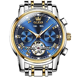 OLEVS Mens Watches Automatic Watches for Men Self Winding Watch Silver Gold Stainless Steel Watch Blue Dial Watch Skeleton Tourbillon Men's Wrist Watches Luxury Big Face Watch for Men