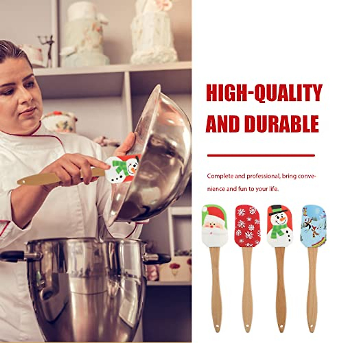 Christmas Spatula Set, 4 Pieces Kitchen Christmas Silicone Spatula Set with Wooden Handle for Baking Cooking and Christmas Gifts ( Assorted Color )