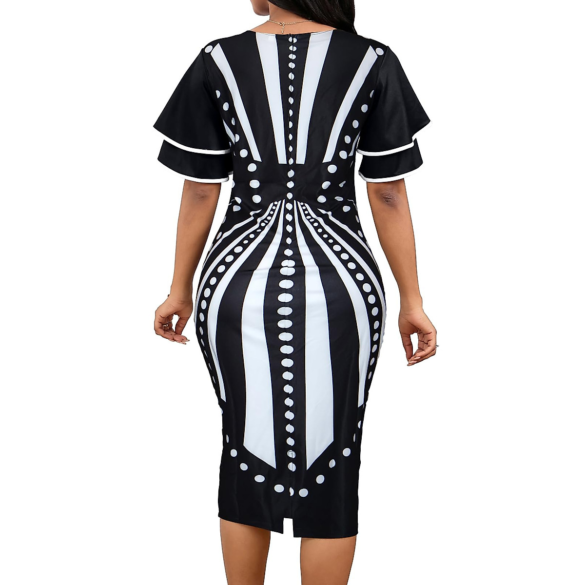 Women's Sexy Ladies Church Dress Crew Neck Short Ruffles Sleeve Elegant Bodycon Midi Pencil Dresses Clubwear