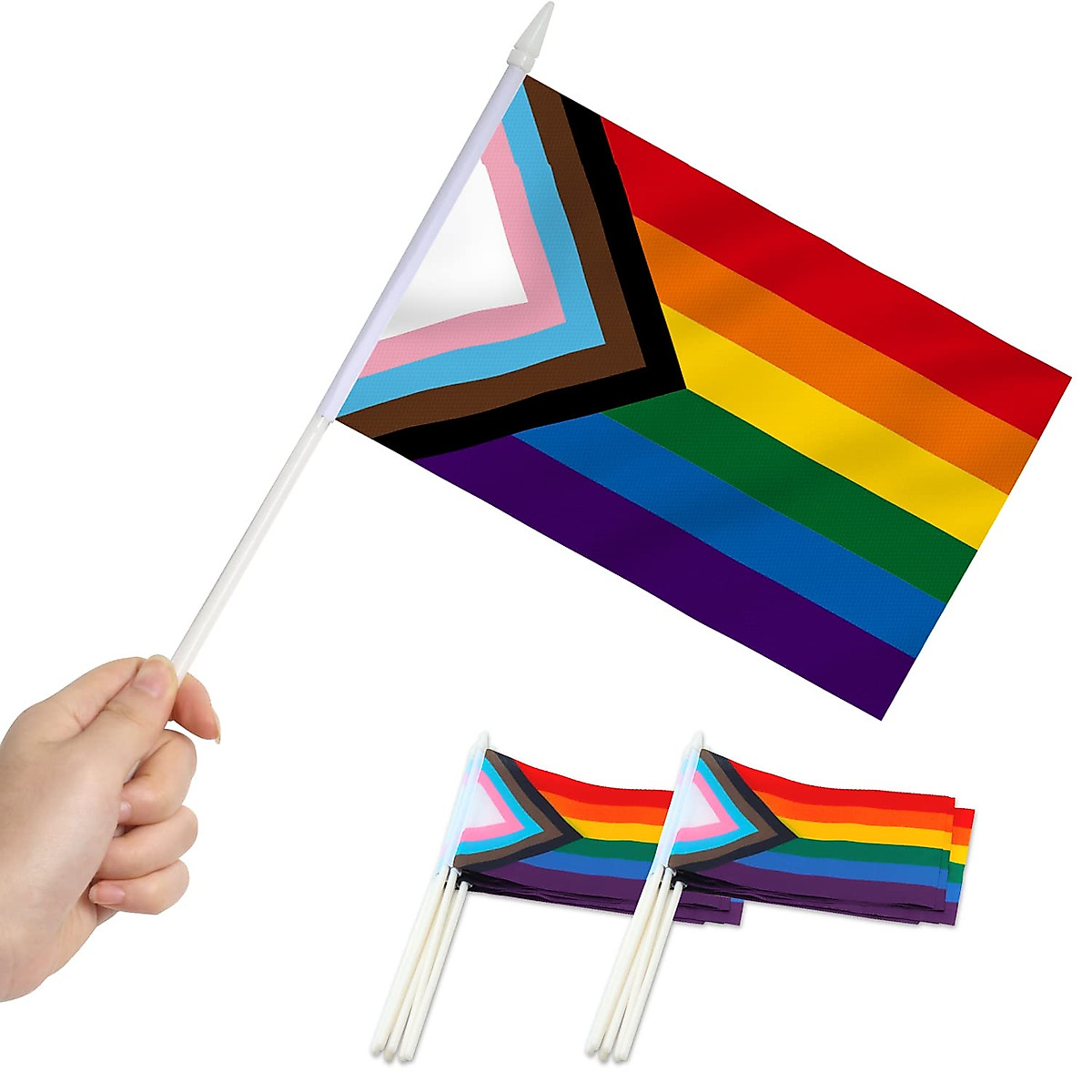 Anley Progress Rainbow Pride Mini Flag 12 Pack - Hand Held Small Miniature Rainbow Transgender Flags on Stick - Fade Resistant & Vivid Colors - 5x8 Inch with Solid Pole & Spear Top