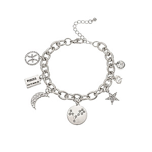 Personalization Collection Gold Plated Zodiac Bracelet | Constellation Symbol | Name Plate | Moon | Constellation | Star | Stone | Charms | Chain Bracelet for Women Gifts (Silver Plated - Pisces)