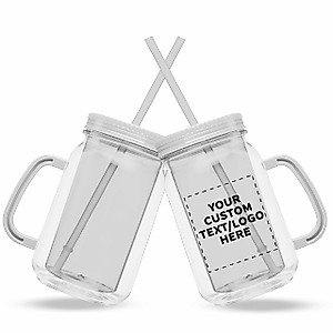 DISCOUNT PROMOS Custom Mason Jars with Straw 17 oz. Set of 10, Personalized Bulk Pack - Glass Jars for Overnight Oats, Candies, Fruits, Pickles, Spices, Beverages - Clear