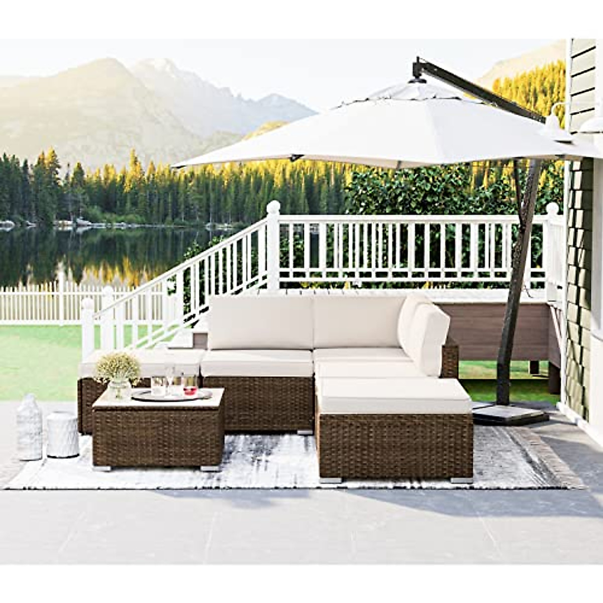 HOMPUS 6-Piece Outdoor Handwoven Sectional Sofa PE Rattan Wicker Couch Corner Conversation Set Furniture Brown Patio Sofa Set w Beige Seat Cushions, Glass Coffee Table for Garden,Yard,Pool
