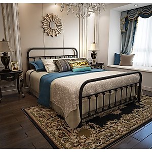 YALAXON Vintage Sturdy Queen Size Metal Bed Frame with Headboard and Footboard Basic Bed Frame No Box Spring Needed, Black