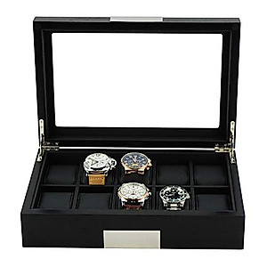 TIMELYBUYS 10 Piece Personalized Black Wood Watch Display Case Storage Organizer Box with Stainless Steel Accents