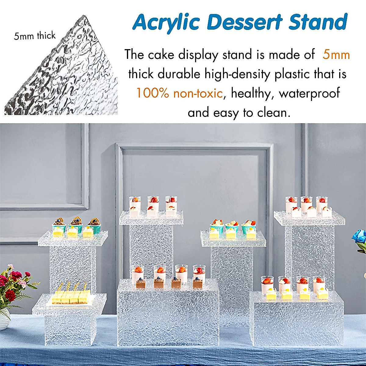 Treat Stand Set of 7 Pack/Cup Cake Tower for Kids Birthday/Baby Shower/Party, Rectangle Acrylic Cookie Stand/Serving Stands with Lid, 7 Pcs Treat Holder Kit Plastic