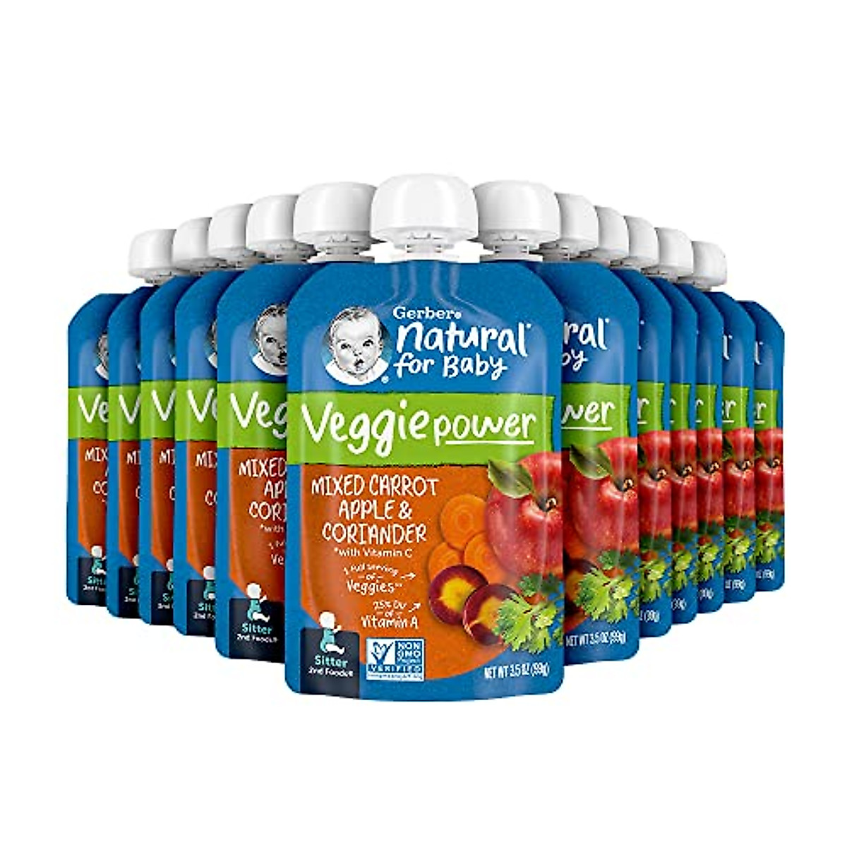 Gerber Baby Food Pouches, 2nd Food for Sitter, Veggie Power, Mixed Carrot Apple Coriander, 3.5 Ounce (Pack of 12)