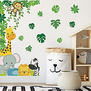 Supzone Jungle Animal Wall Decals Green Palm Leaf Wall Stickers Cartoon Elephant Giraffe Monkey Wall Art Sticker for Kids Baby Nursery Playroom Bedroom Girls Boy Room Wall Decor