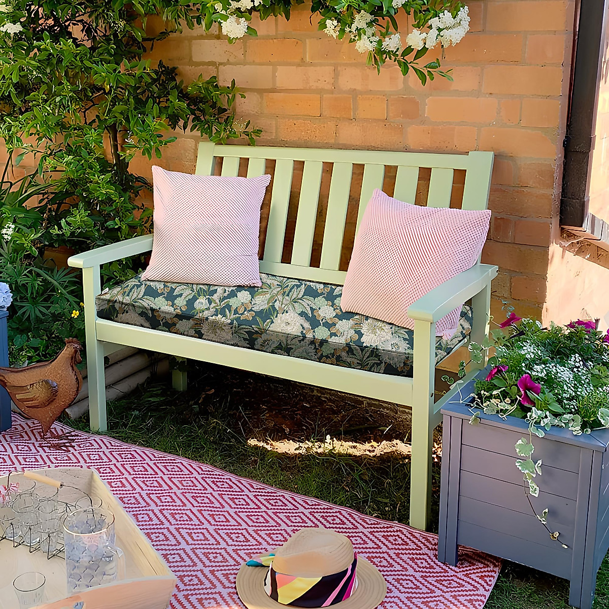 CAYIP Bench Lounger All Weather Chair Outdoor Bench Cushions with Seat and Back Wicker Tufted Patio Pillow for Outdoor Furniture,Floral,White Peony