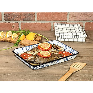 Red Co. 11" x 9" Enamelware Metal Classic 2 Quart Rectangular Serving Tray, Navy Blue Marble/Black Rim - Splatter Design