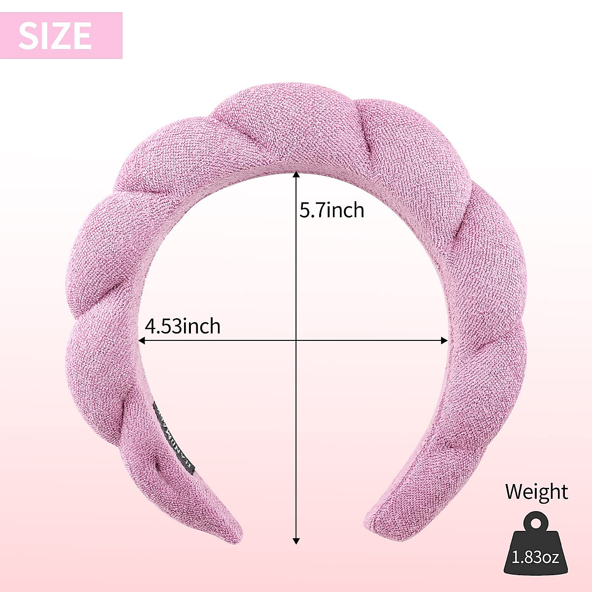 Newvenper Puffy Spa Headband for Women Non Slip Headband for Washing Face, Makeup Removal, Shower, Facial Mask Sponge and Terry Towel Cloth Fabric Hair Band Padded Pink