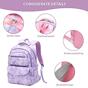 Tanou Backpacks for Girls 3PCs with Lunch Bag Pen Case, Lightweight Breathable Teens Girl Bookbags Sets for Primary Middle School, 22 Liters Cute Back Pack for Teenager 4+ Years, Purple Star
