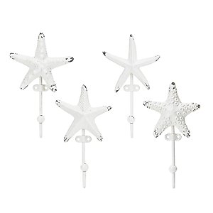 SOFFEE DESIGN Set of 4 Resin White Beach Starfish Coat Hooks, Starfish Retro Friction Process, High Load-Bearing, for Holiday Cottages, Seaside Cottages, Children's Rooms