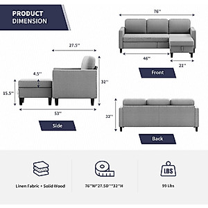 ijuicy Convertible Sectional Couch Sofas, Light Grey