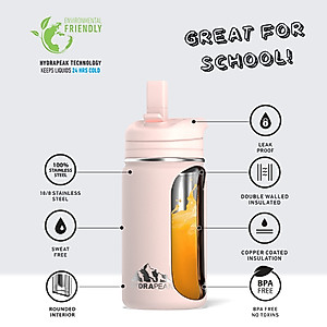 Hydrapeak Mini 14oz Kids Water Bottle with Straw Lid, Stainless Steel, Insulated, Smoothies, Juices, School