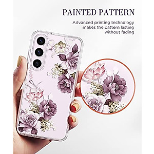 GVIEWIN Compatible with Samsung Galaxy S23 Plus Case with Screen Protector+Camera Lens Protector, Slim Shockproof Clear Floral Pattern Phone Protective Cover for Women 6.6" (Cherry Blossoms/Purple)