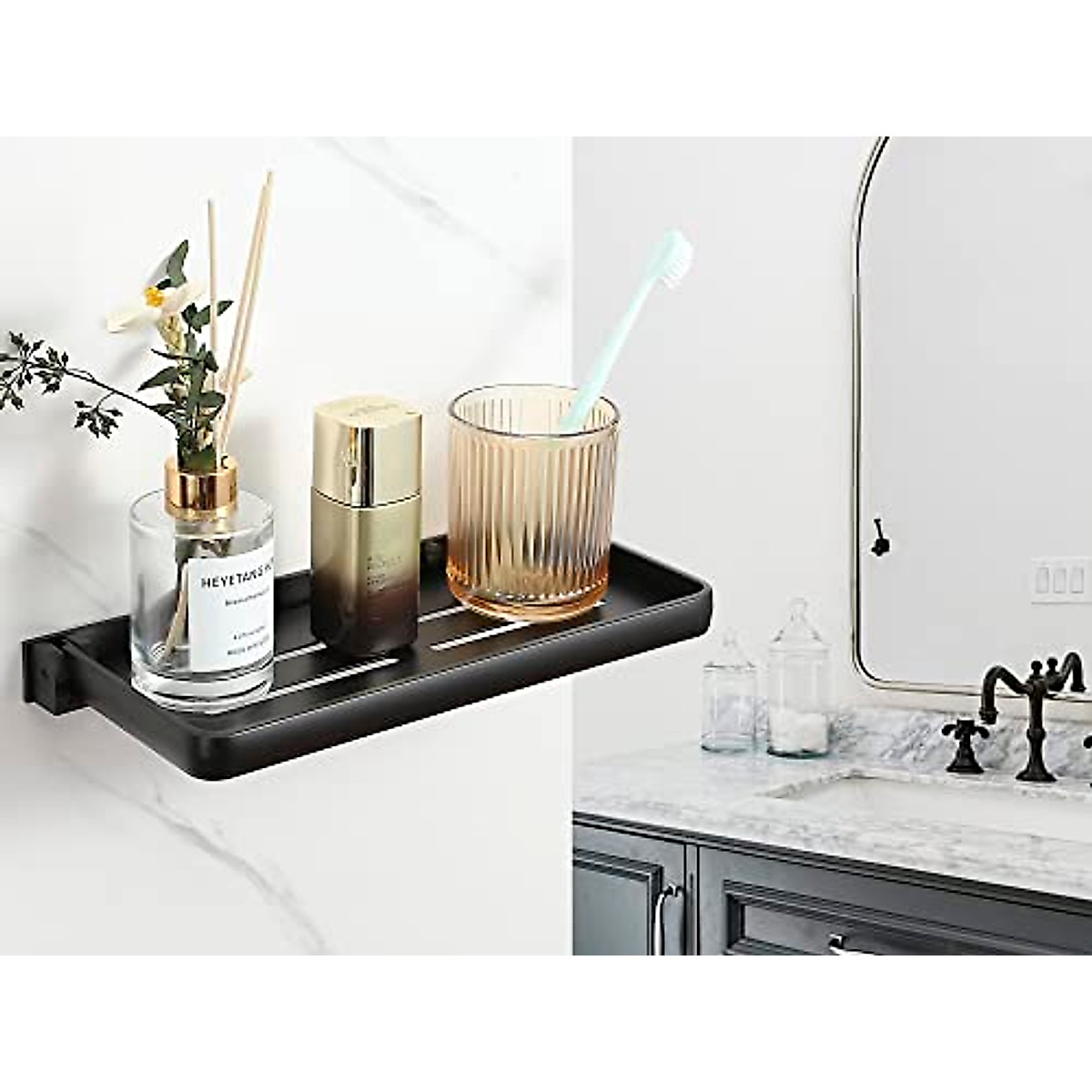 SKIKEN Folding Metal Shelf for Bathroom Wall Mounted, Small Folding Shelf for Laundry Room, 90° Fold Up and Waterproof, Toilet Phone Holder Shelf, Small Shelf for Sink Side, Kitchen(2 Pack, Black)