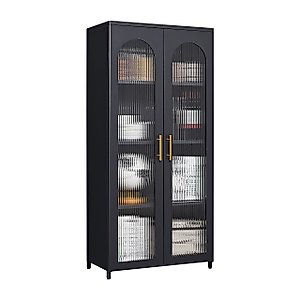 RpAosd 59" Metal Storage Cabinet with Glass Doors,Glass Display Cabinet for Living Room,Dining Room and Kitchen,Decorative Sideboard Buffet Cabinet with Glass Doors and Shelves (Black)