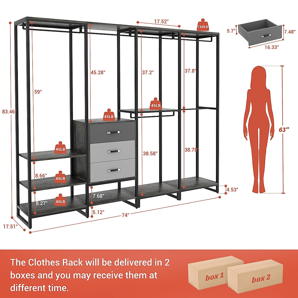 Aheaplus Wood Clothes Rack Wardrobe Closet for Hanging Clothes Heavy Duty Garment Rack, Large Corner L Shaped Closet System Organizer Walk-in Closet for Bedroom with 3 Wood Drawers,-S1, White and Grey