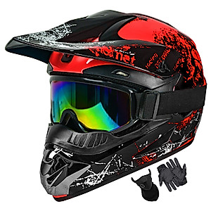 SanQing Dirt Bike Helmets Youth Motocross, Motorcycle, BMX, ATV, Off-Road, Kids Four Wheeler, Moutain Bike Helmets Dot Approved (Goggles Gloves Faceshield) (Red, Medium)