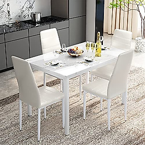 AWQM White Dining Table Set for 4,Faux Marble Kitchen Table and Chairs for 4 with Upholstered Leather Chairs,Dining Room Table Set for Kitchen,Small Spaces,Breakfast Nook,White+Beige