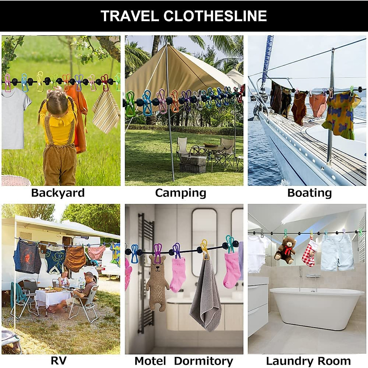 Clothesline，Retractable Portable Clothesline for Travel，Clothing line with 12 Clothes Clips，for Indoor and Outdoor Laundry Drying line，Outdoor Camping Accessories