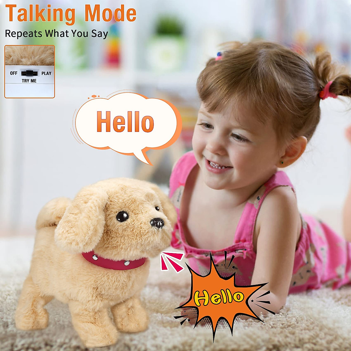 Koonie Talking Plush Golden Retriever Toy Repeats What You Say, Barks and Walks - Electronic Interactive Stuffed Puppy for Kids
