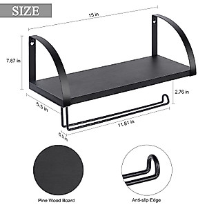 Paper Towel Holder Wall Mount with Shelf Industrial Pine Wood Paper Towel Roll Rack Under Cabinet Spice Rack for Kitchen Bathroom Hanging Paper Towel Holder - Matte Black