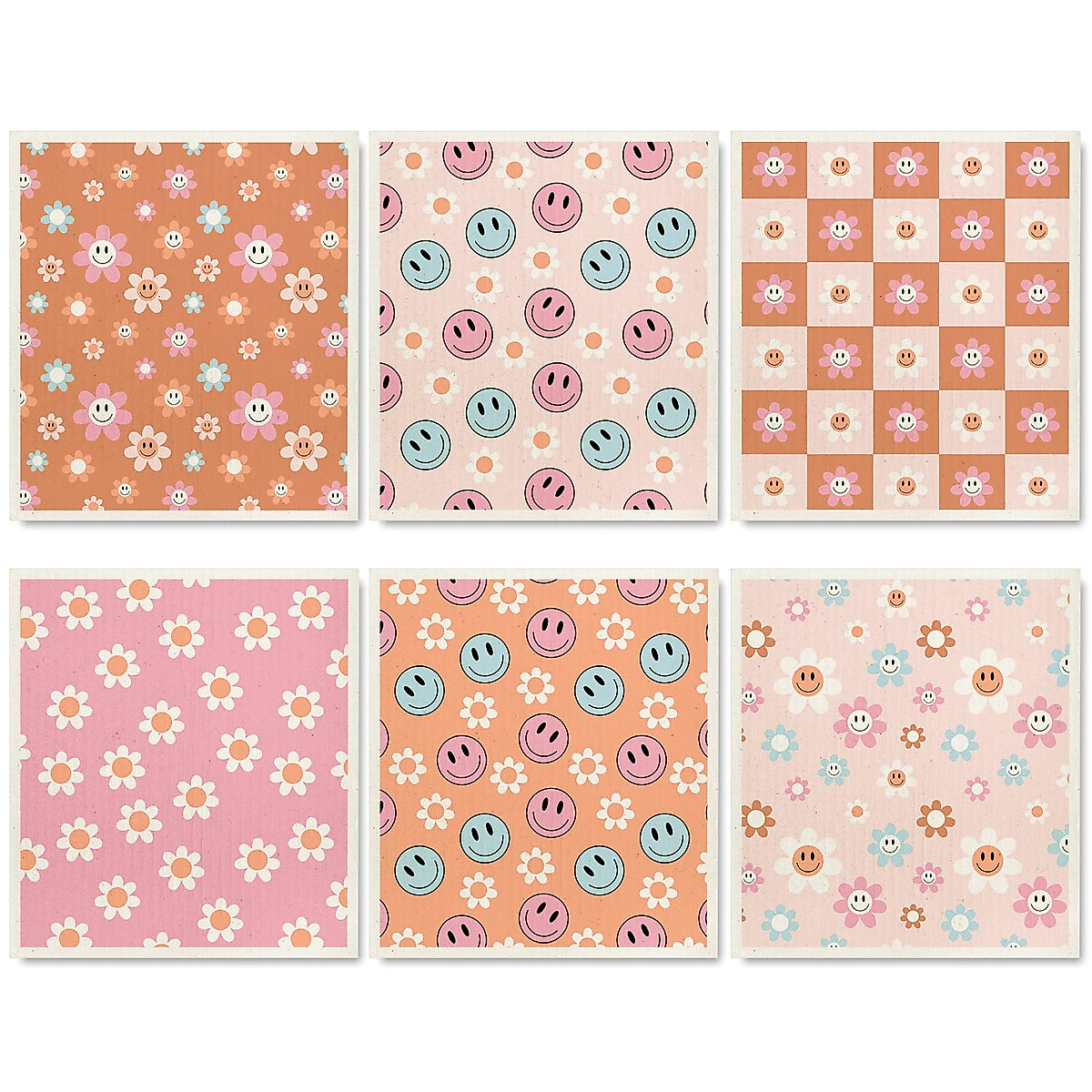 Whaline Boho Retro Swedish Dish Towel Spring Summer Vintage Smile Flower Reusable Kitchen Dishcloth Absorbent Cotton Quick Drying Cleaning Dishcloths for Party Home Counter Wipes, 7 x 8 Inch