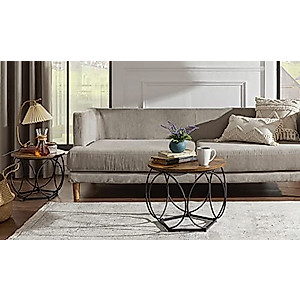 Round Coffee Table, Modern Coffee Table Set of 2 Wooden Surface with Metal Frame, Small Side Table, End Table for Living Room, Bedroom, Home Office, Farmhouse, Rustic Brown and Black