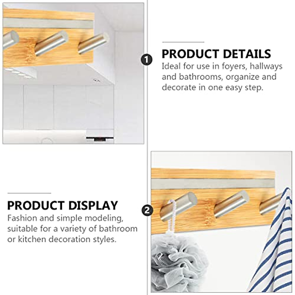 Bamboo Hook Wooden Bathroom Towel Coat Hooks Bathroom Towel Rail Rack Adhesive Rail Rack Hook Wall Mounted Wall Coat Rail Rack Hook Aisle Toilet Stainless Steel