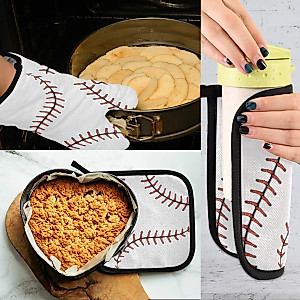 Aslsiy Baseball Oven Mitts and Pot Holders Sets Kitchen Glove Holder Heat Resistant Kitchen Mittens for Microwave BBQ Baking Grilling Thanksgiving Christmas Holiday Gifts