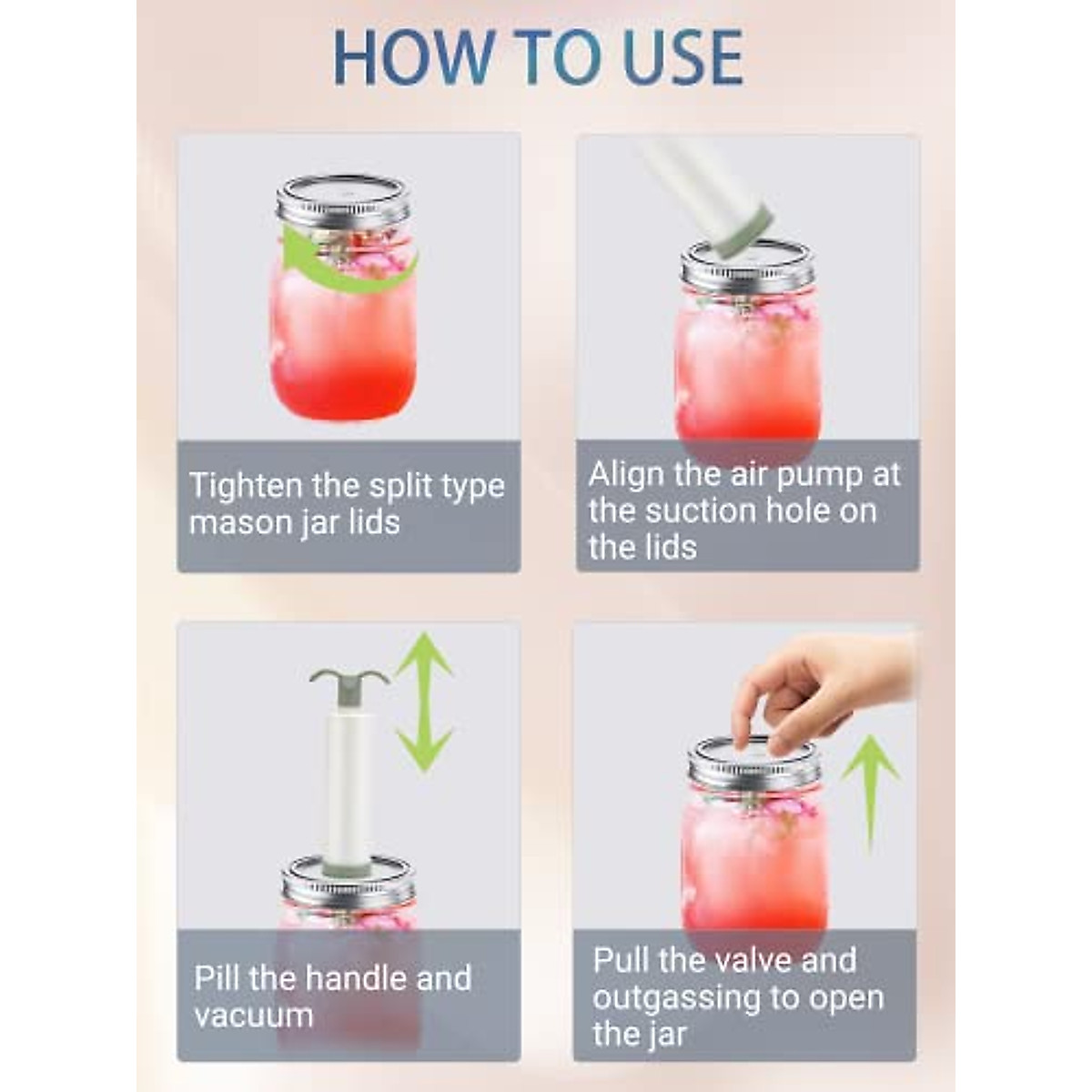 Mason Jar Vacuum Sealer, Food Vacuum Sealer Vacuum Seal Kit for Wide Mouth and Regular Mouth Mason Jars with Manual Vacuum Pump for Food Storage, Fermentation and Canning Jar